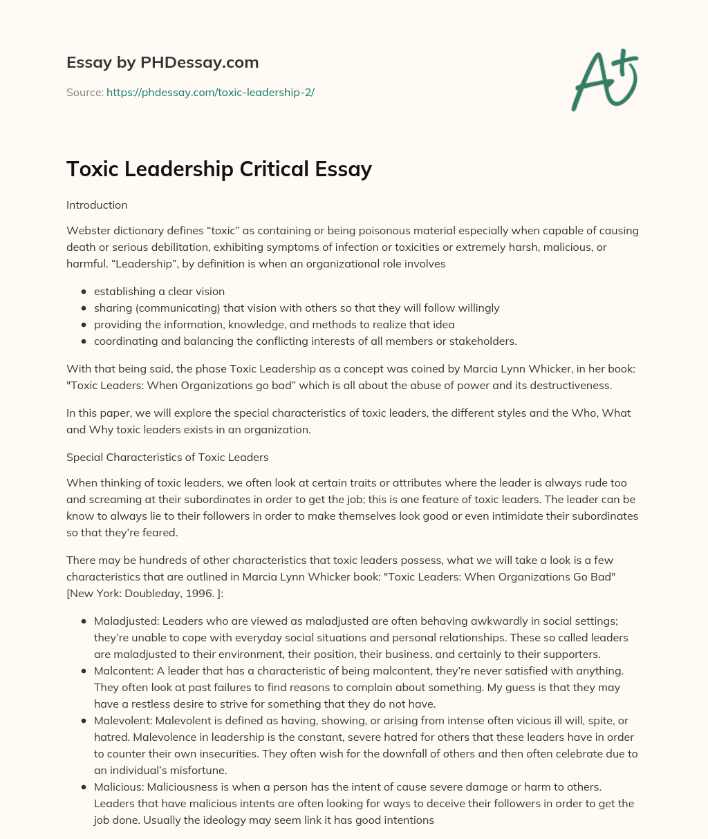 Toxic Leadership Critical Essay - PHDessay.com