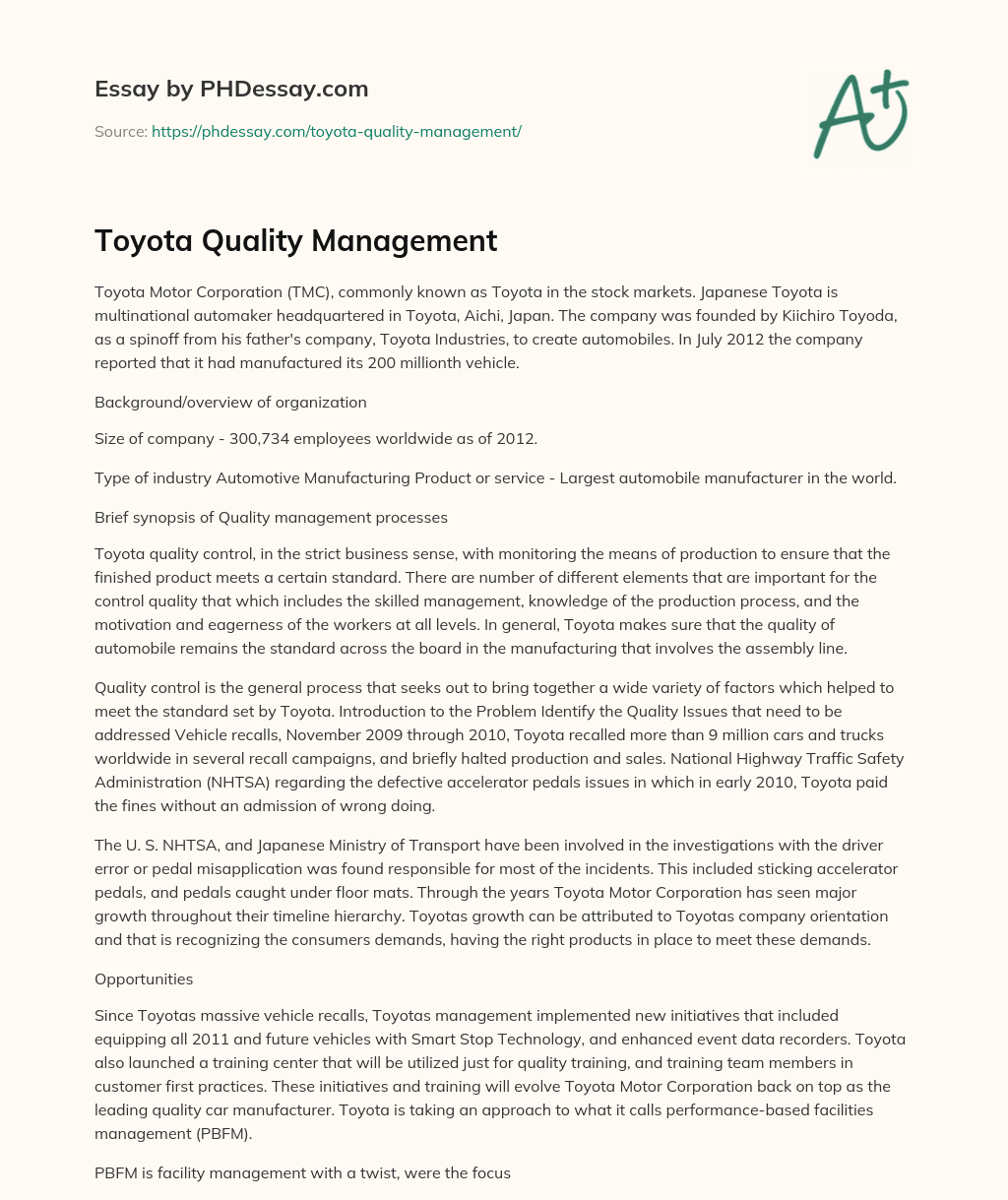 Toyota Quality Management - PHDessay.com