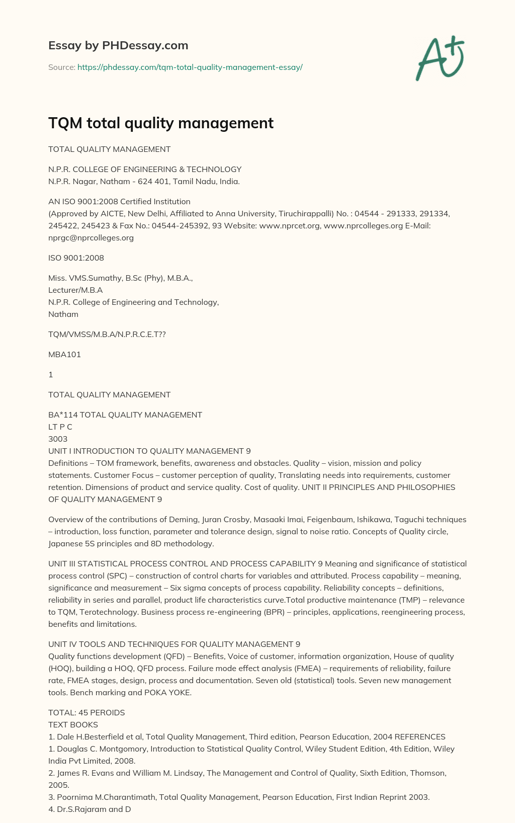 TQM total quality management - PHDessay.com