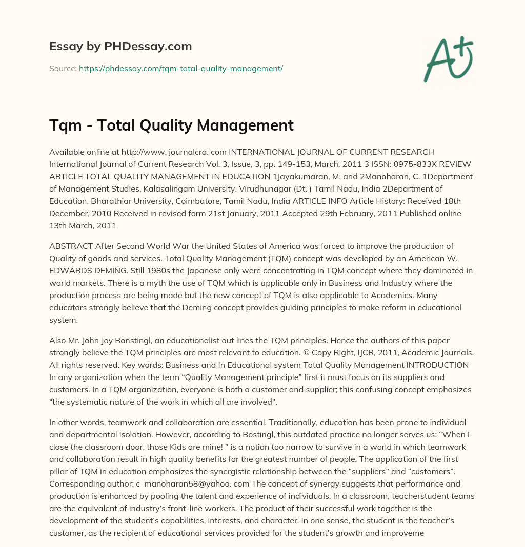 Tqm - Total Quality Management - PHDessay.com