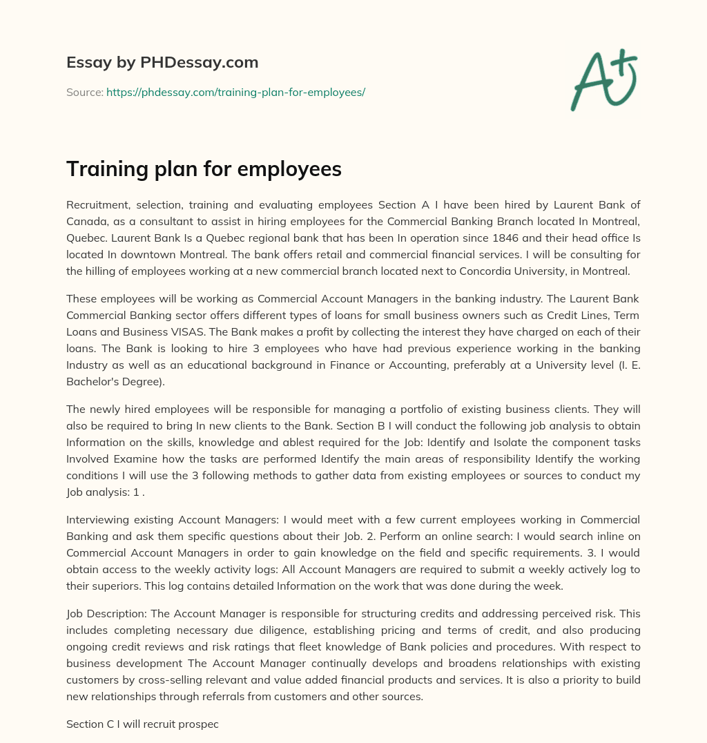 Training plan for employees - PHDessay.com