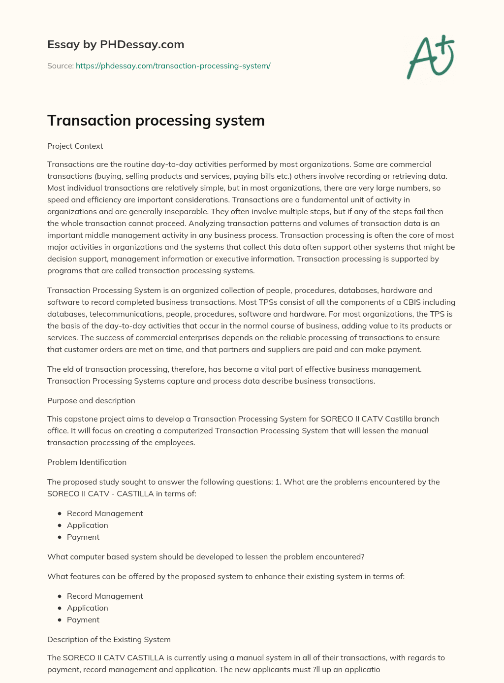 Transaction processing system - PHDessay.com