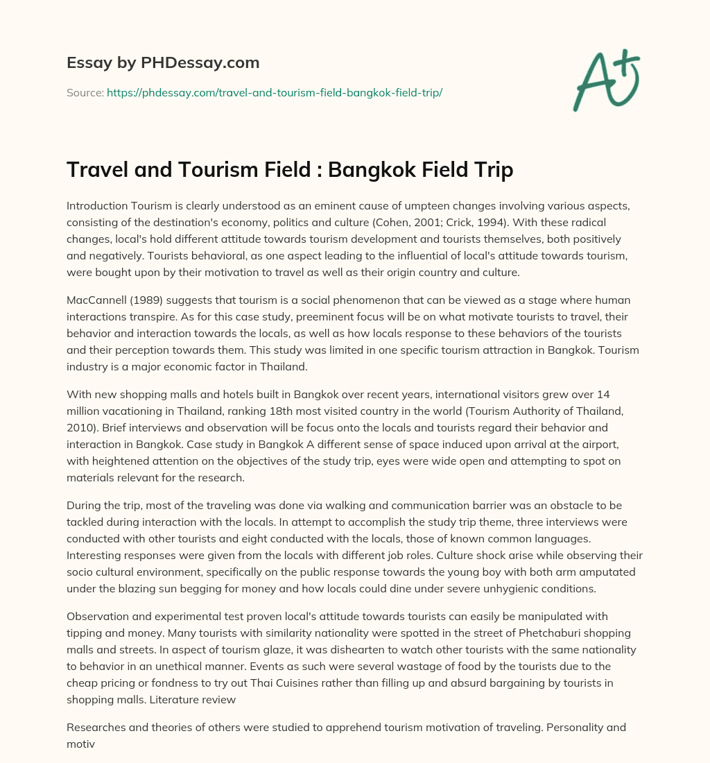 Travel and Tourism Field : Bangkok Field Trip - PHDessay.com