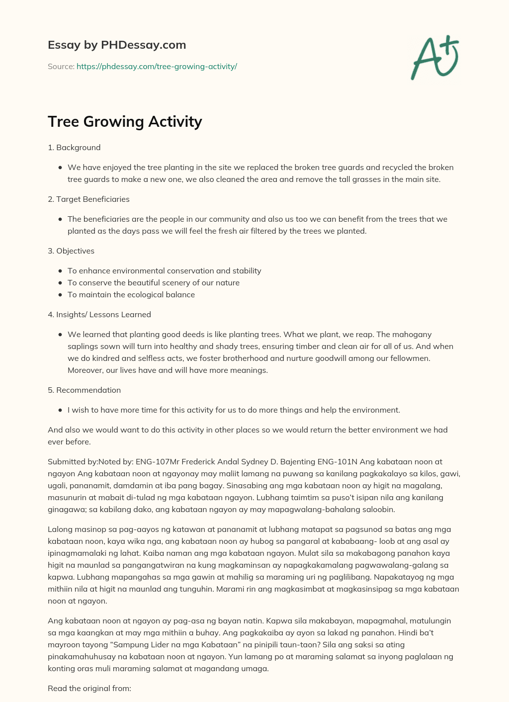 Tree Growing Activity Essay Example (500 Words) - PHDessay.com