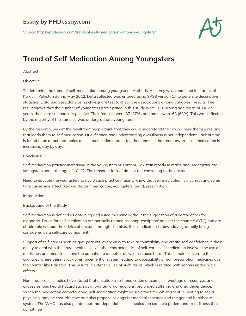 Trend of Self Medication Among Youngsters - PHDessay.com