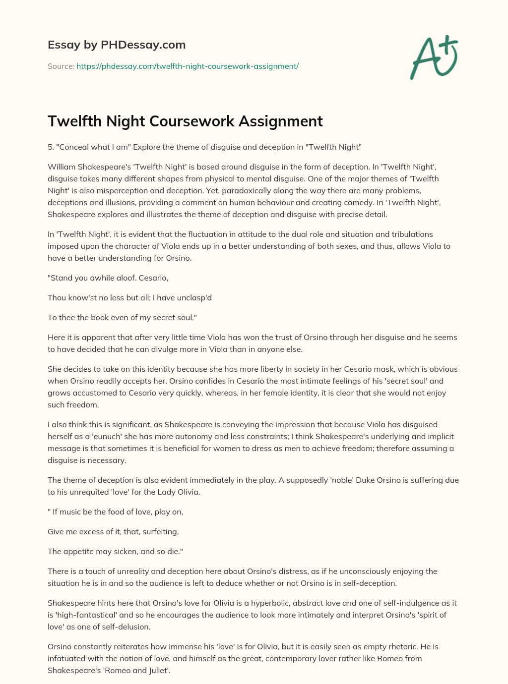 Twelfth Night Coursework Assignment - PHDessay.com