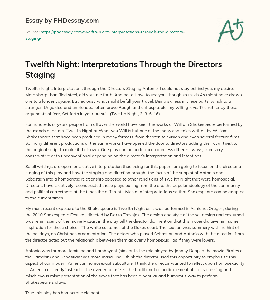 Twelfth Night: Interpretations Through the Directors Staging - PHDessay.com