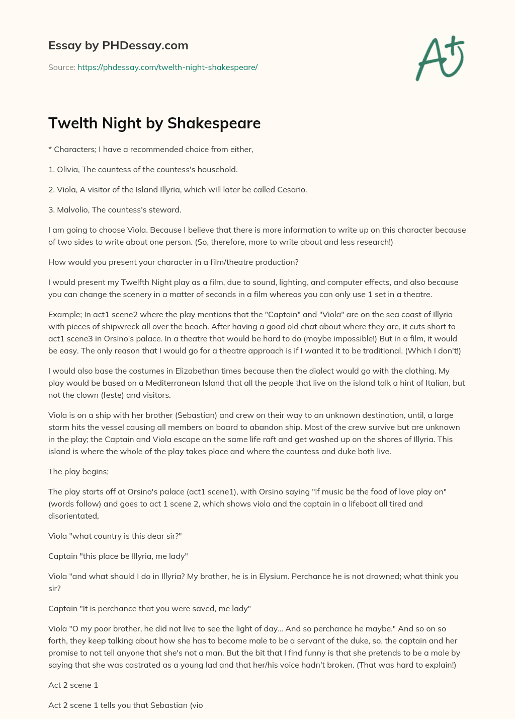 Twelth Night By Shakespeare Summary Example - PHDessay.com