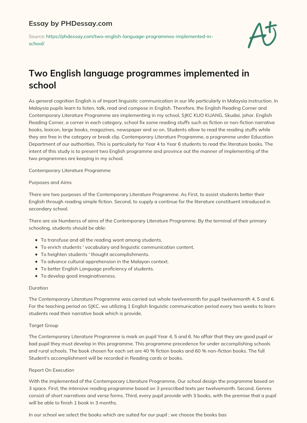 Two English language programmes implemented in school - PHDessay.com