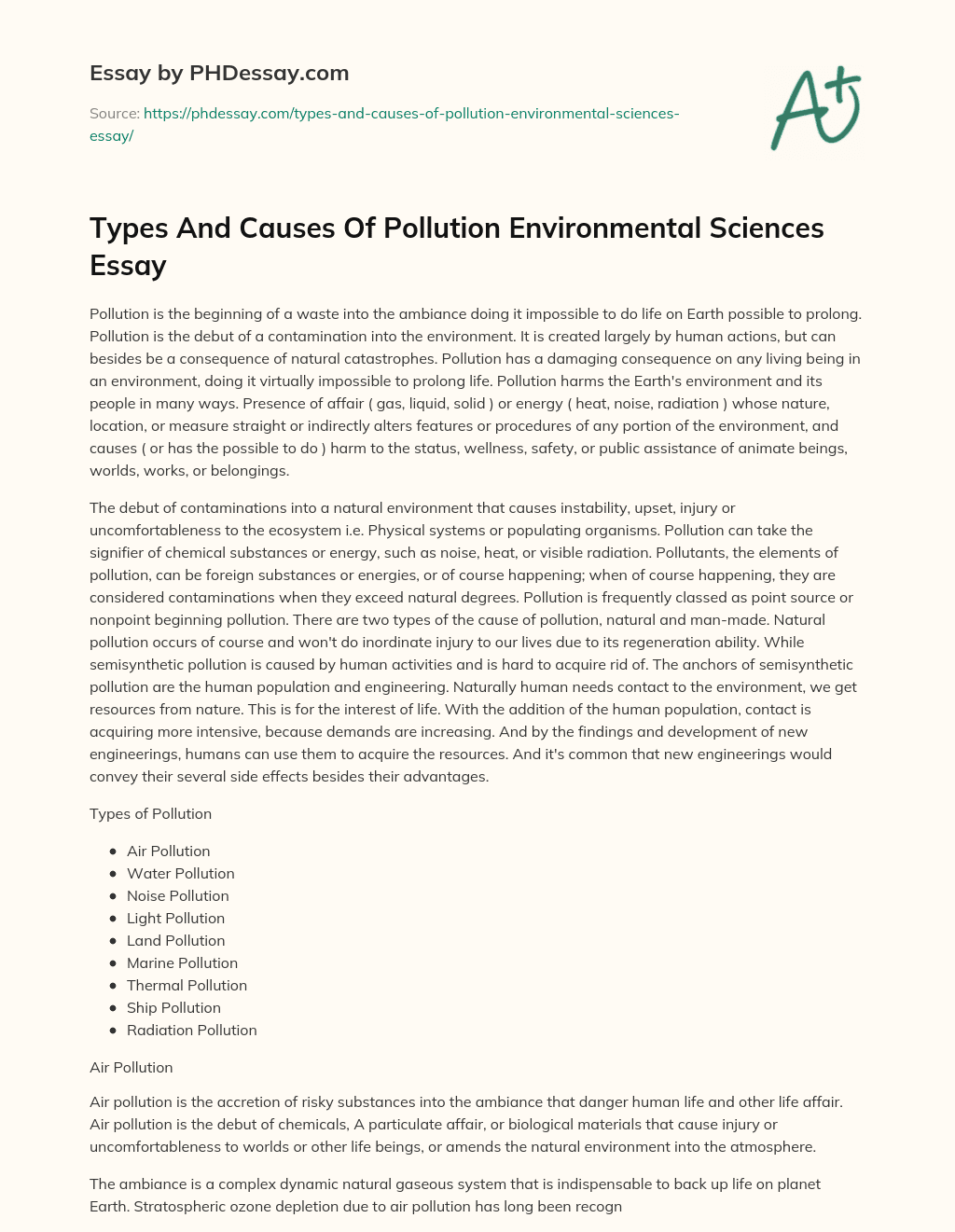 Types And Causes Of Pollution Environmental Sciences Essay - PHDessay.com