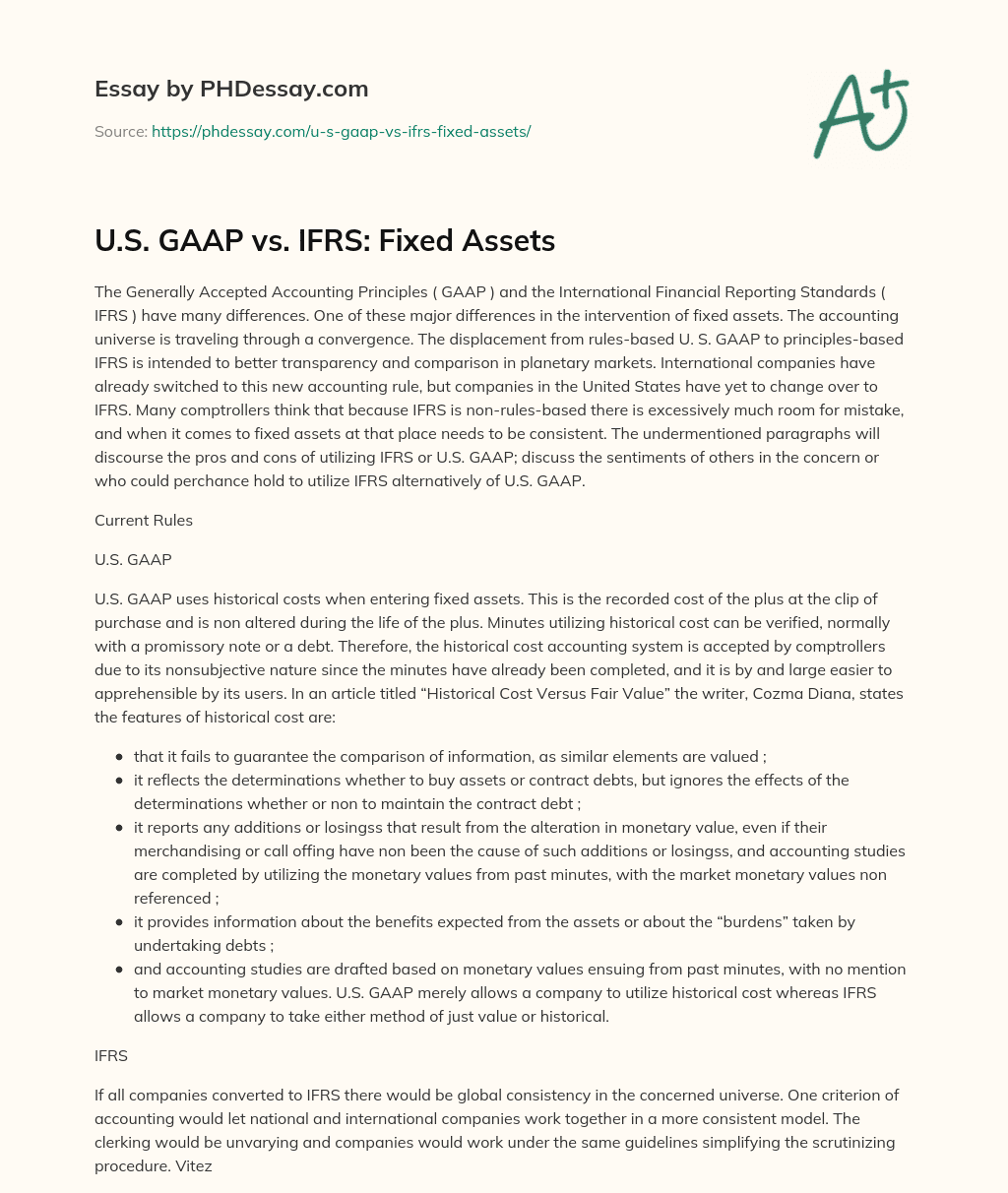 U.S. Gaap Vs. Ifrs: Fixed Assets Essay Example - PHDessay.com