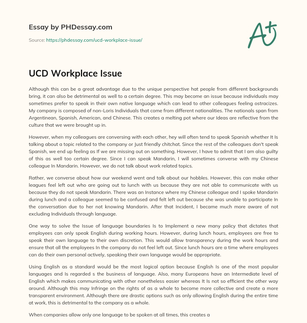 UCD Workplace Issue - PHDessay.com