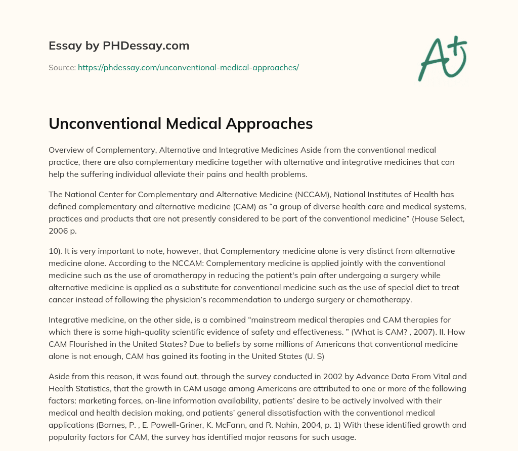 Unconventional Medical Approaches (300 Words) - PHDessay.com