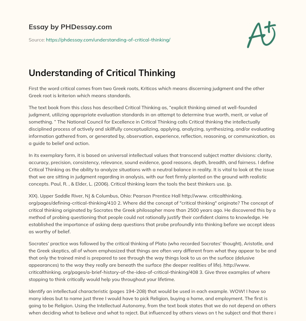 Understanding of Critical Thinking - PHDessay.com