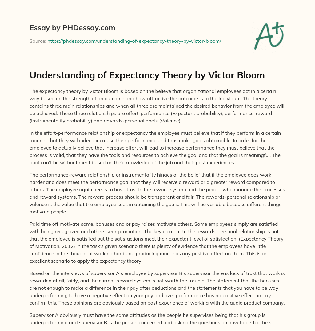 Understanding Of Expectancy Theory By Victor Bloom Personal Example ...
