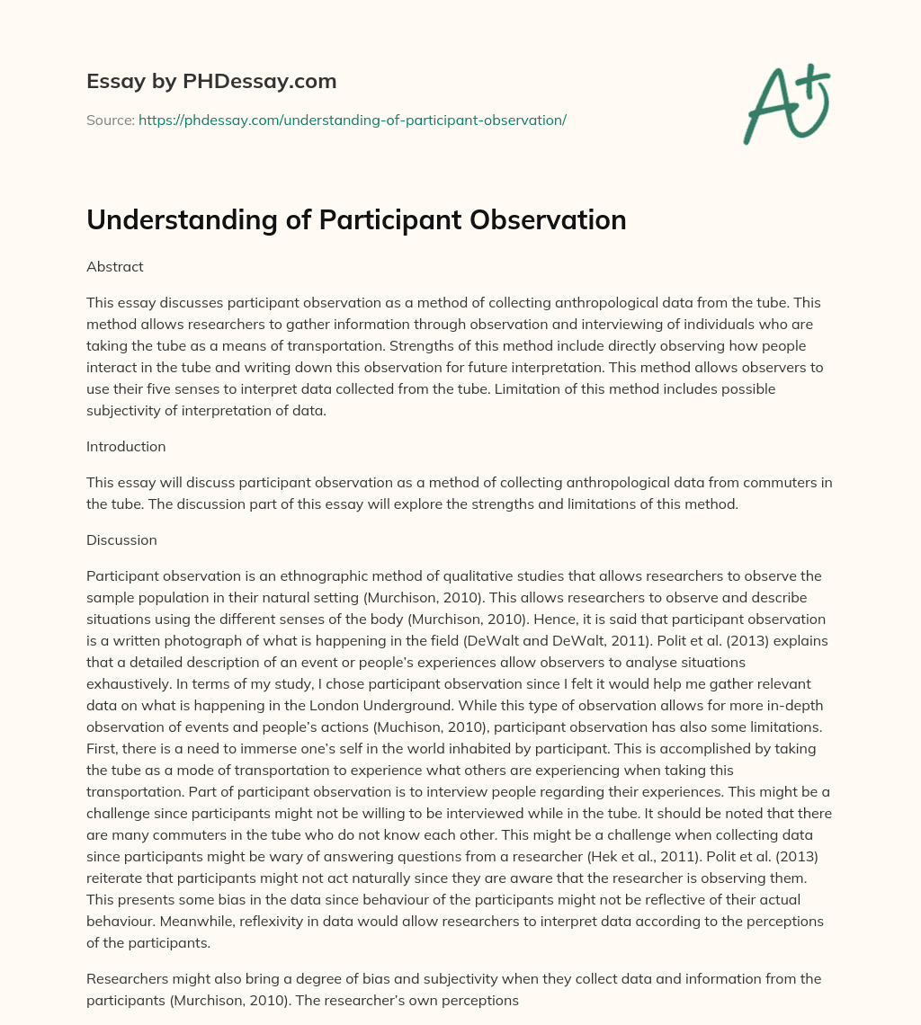 Understanding of Participant Observation - PHDessay.com