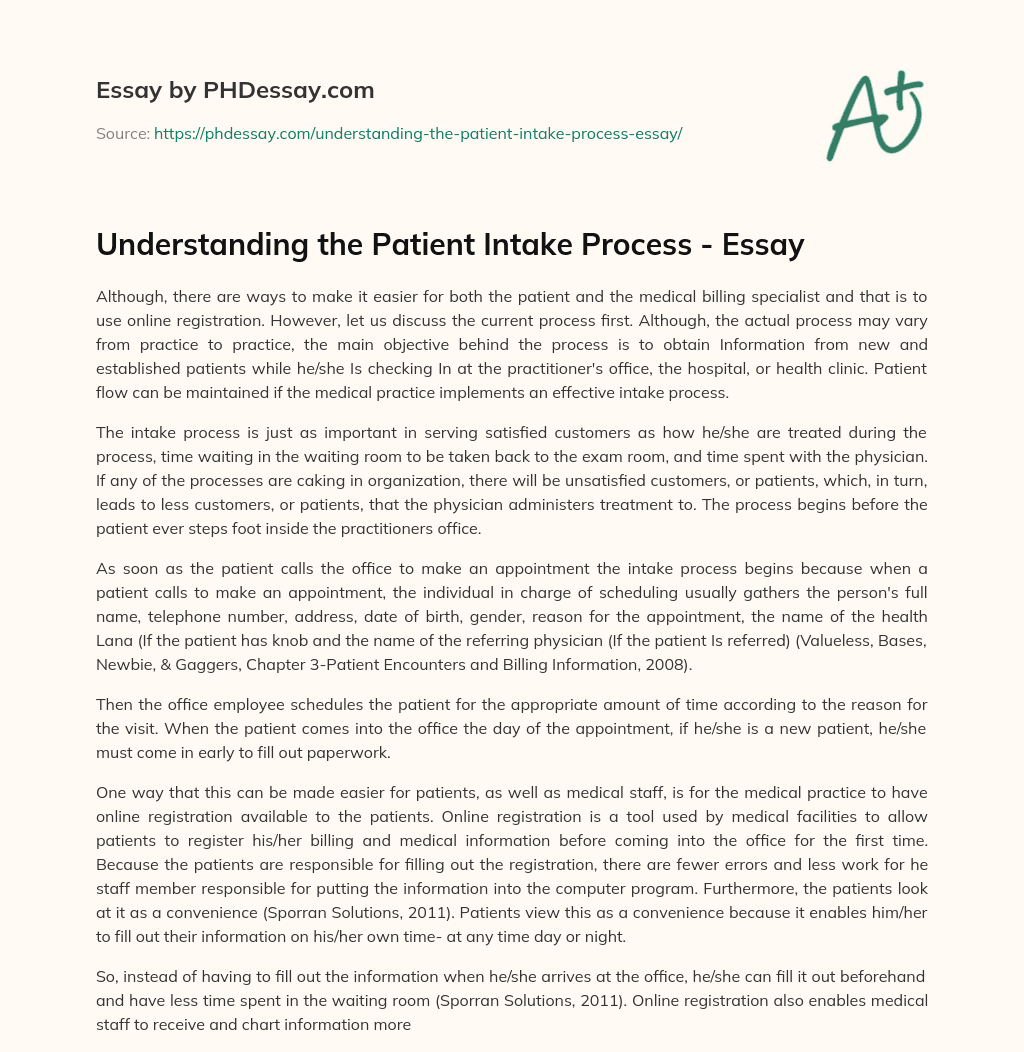 Understanding the Patient Intake Process - Essay (500 Words) - PHDessay.com