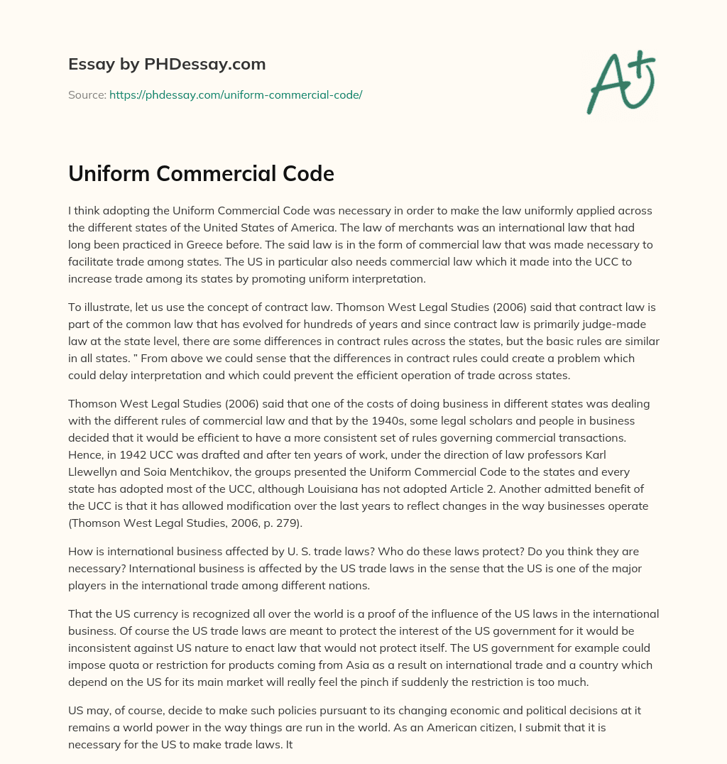 Uniform Commercial Code - PHDessay.com