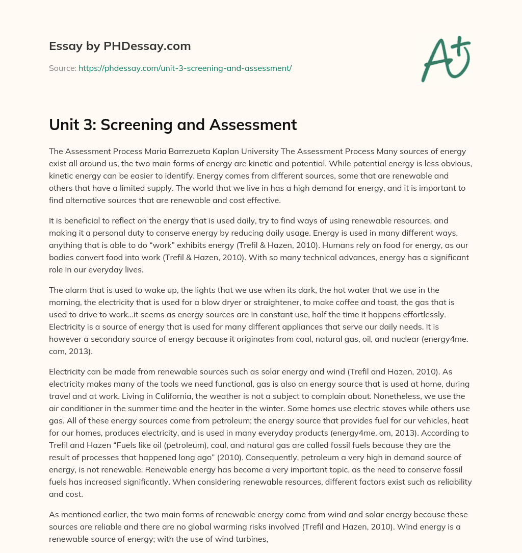 Unit 3: Screening and Assessment - PHDessay.com