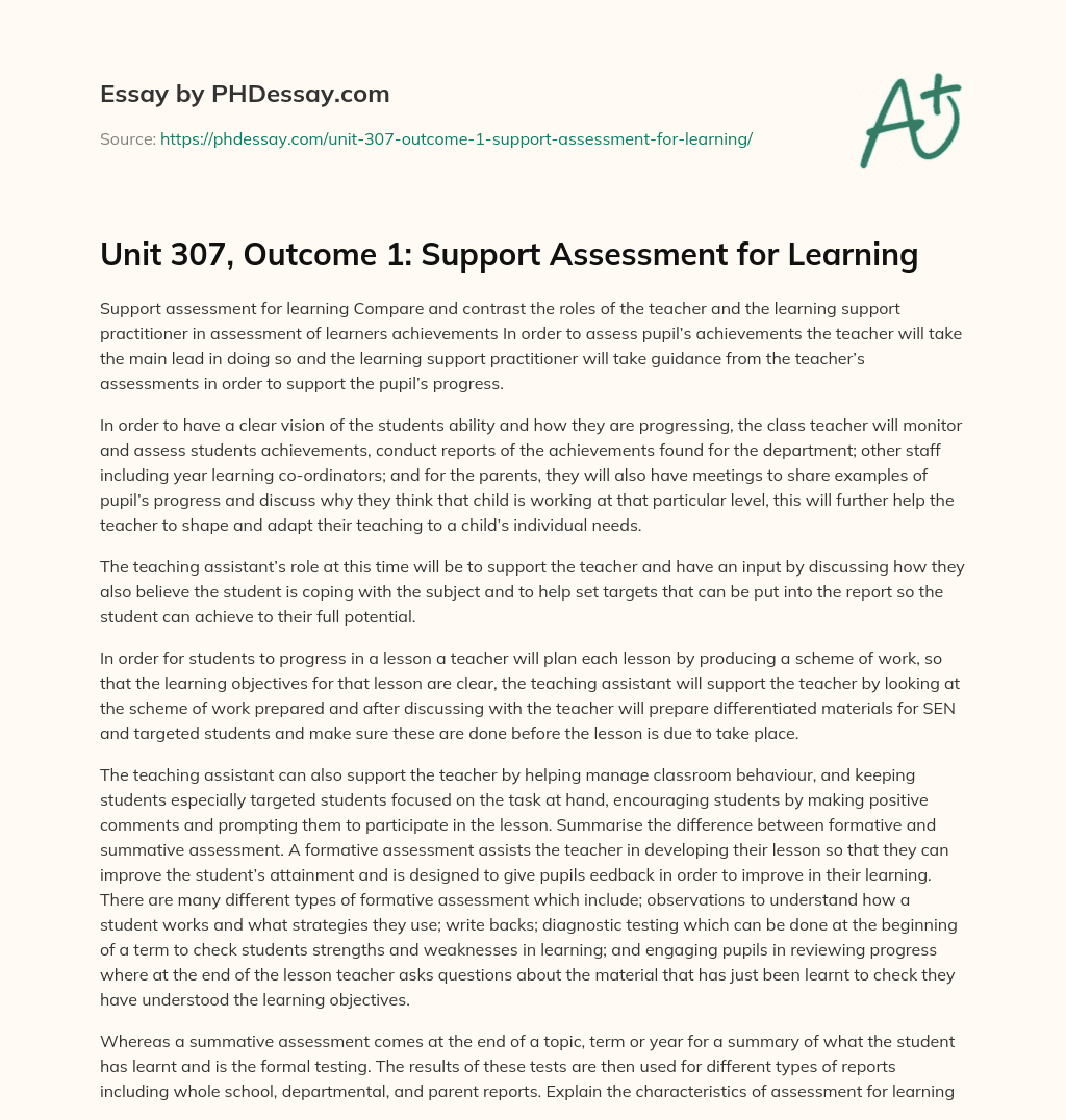 Unit 307, Outcome 1: Support Assessment for Learning - PHDessay.com