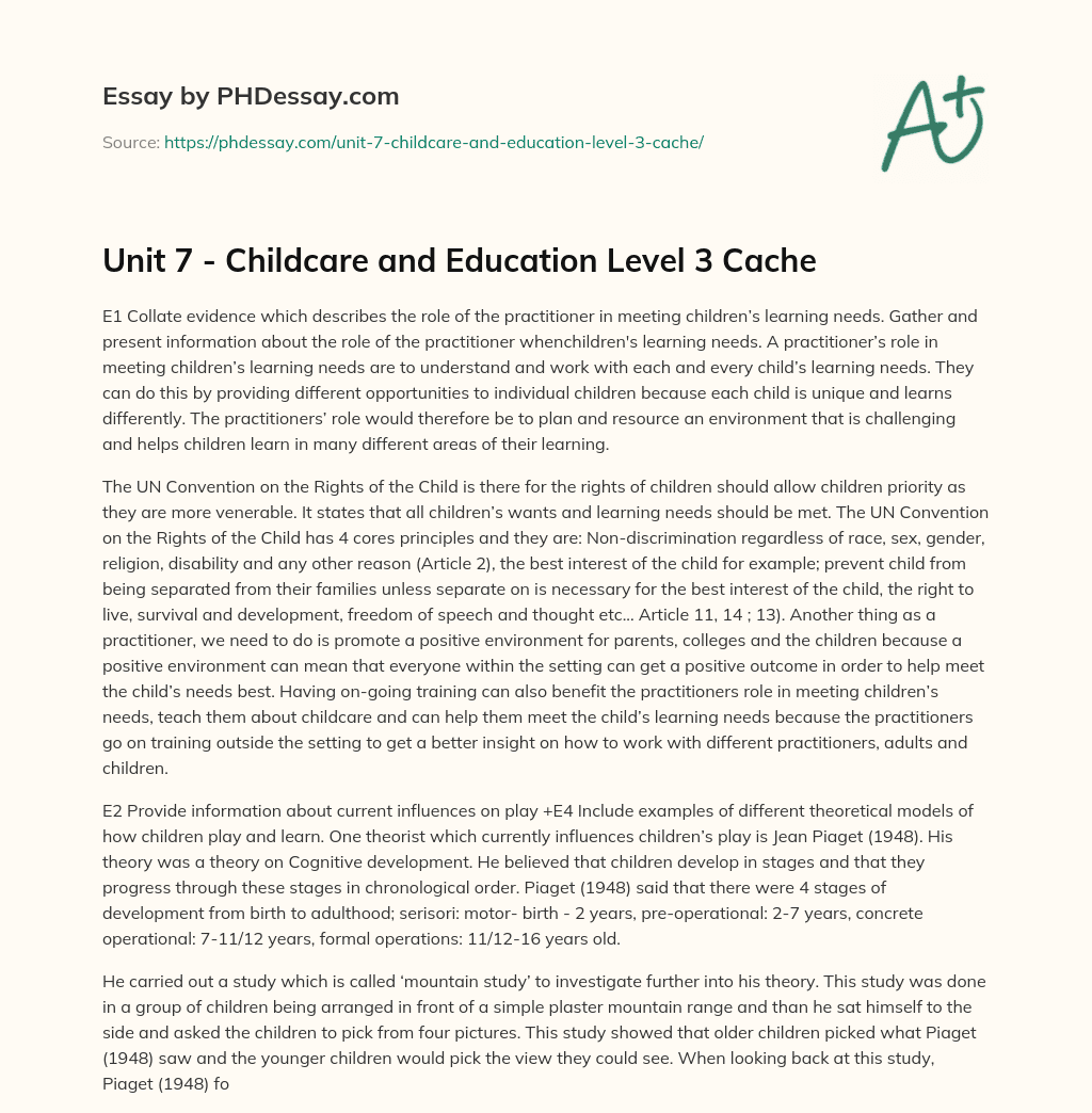 Unit 7 - Childcare and Education Level 3 Cache - PHDessay.com