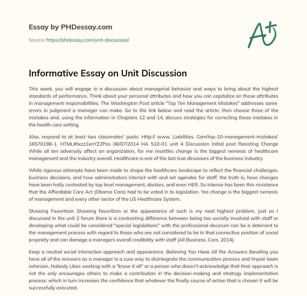 Informative Essay on Unit Discussion (400 Words) - PHDessay.com
