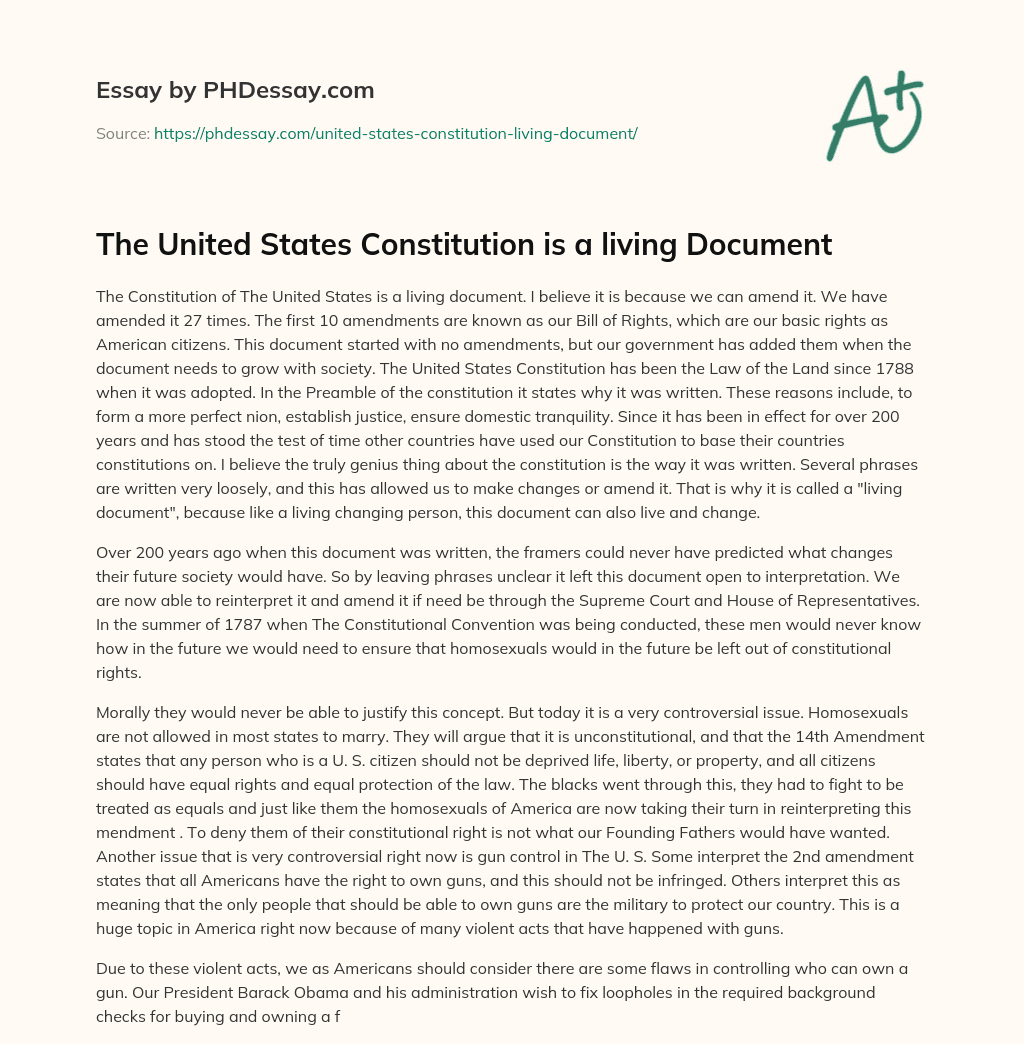 The United States Constitution is a living Document - PHDessay.com