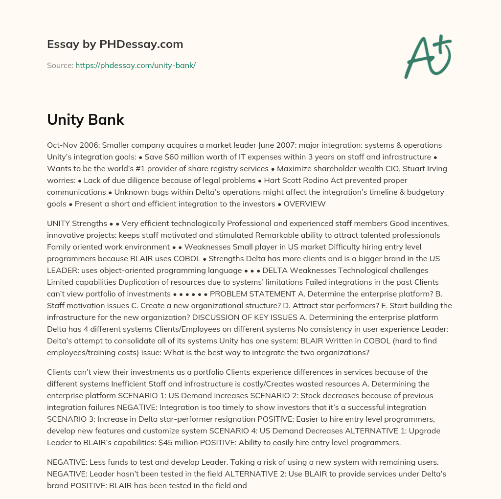 Unity Bank - PHDessay.com