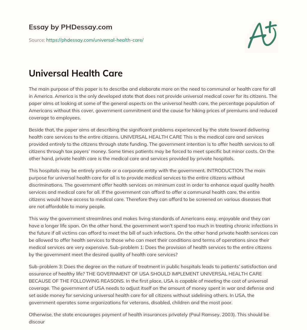 Universal Health Care - PHDessay.com
