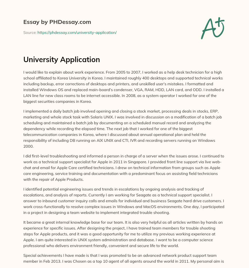 University Application - PHDessay.com