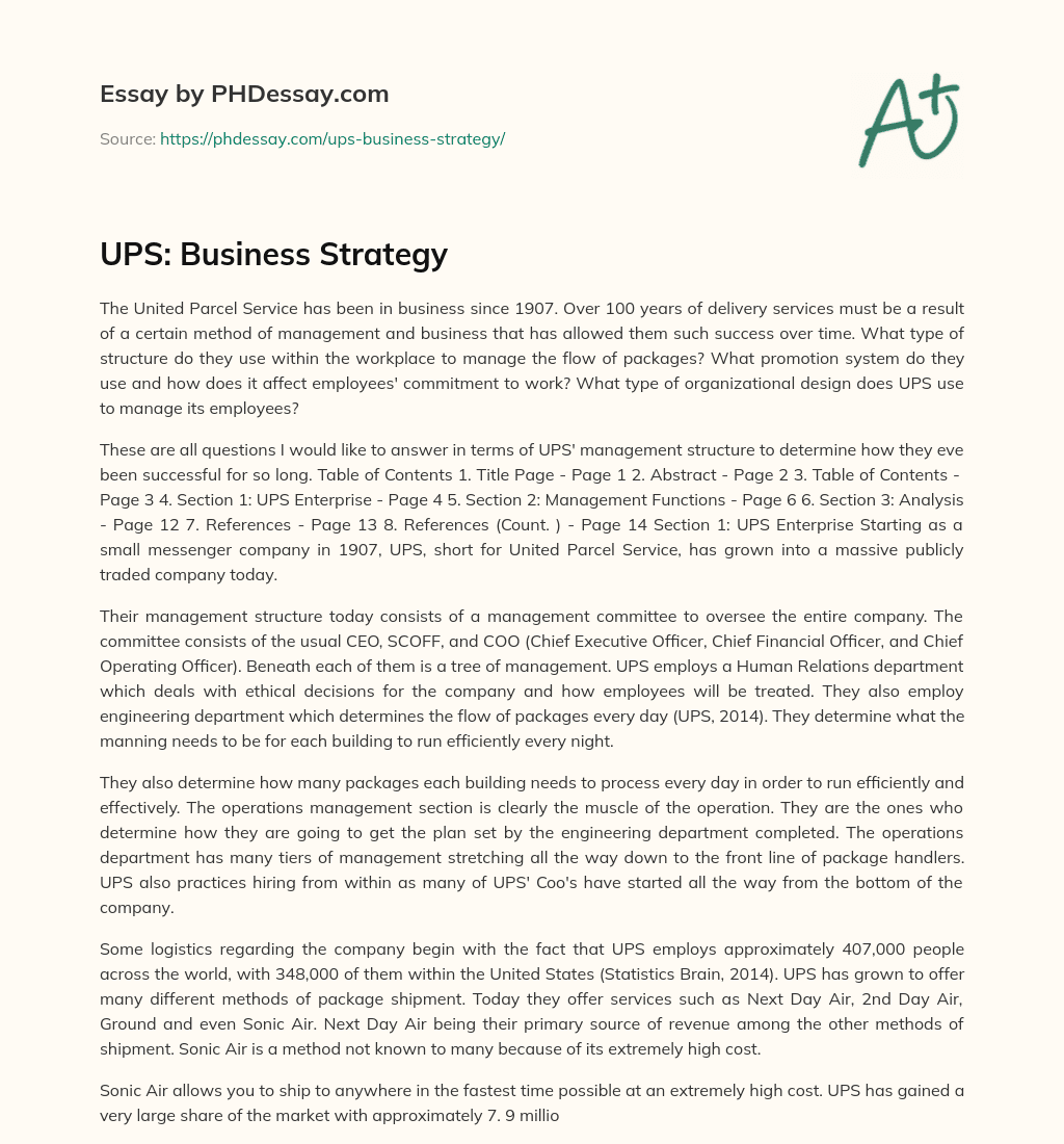 UPS: Business Strategy - PHDessay.com