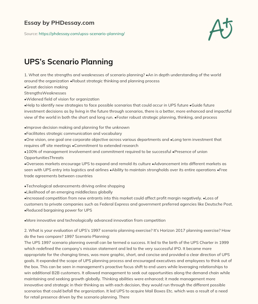 Ups’S Scenario Planning Essay Example (600 Words) - PHDessay.com