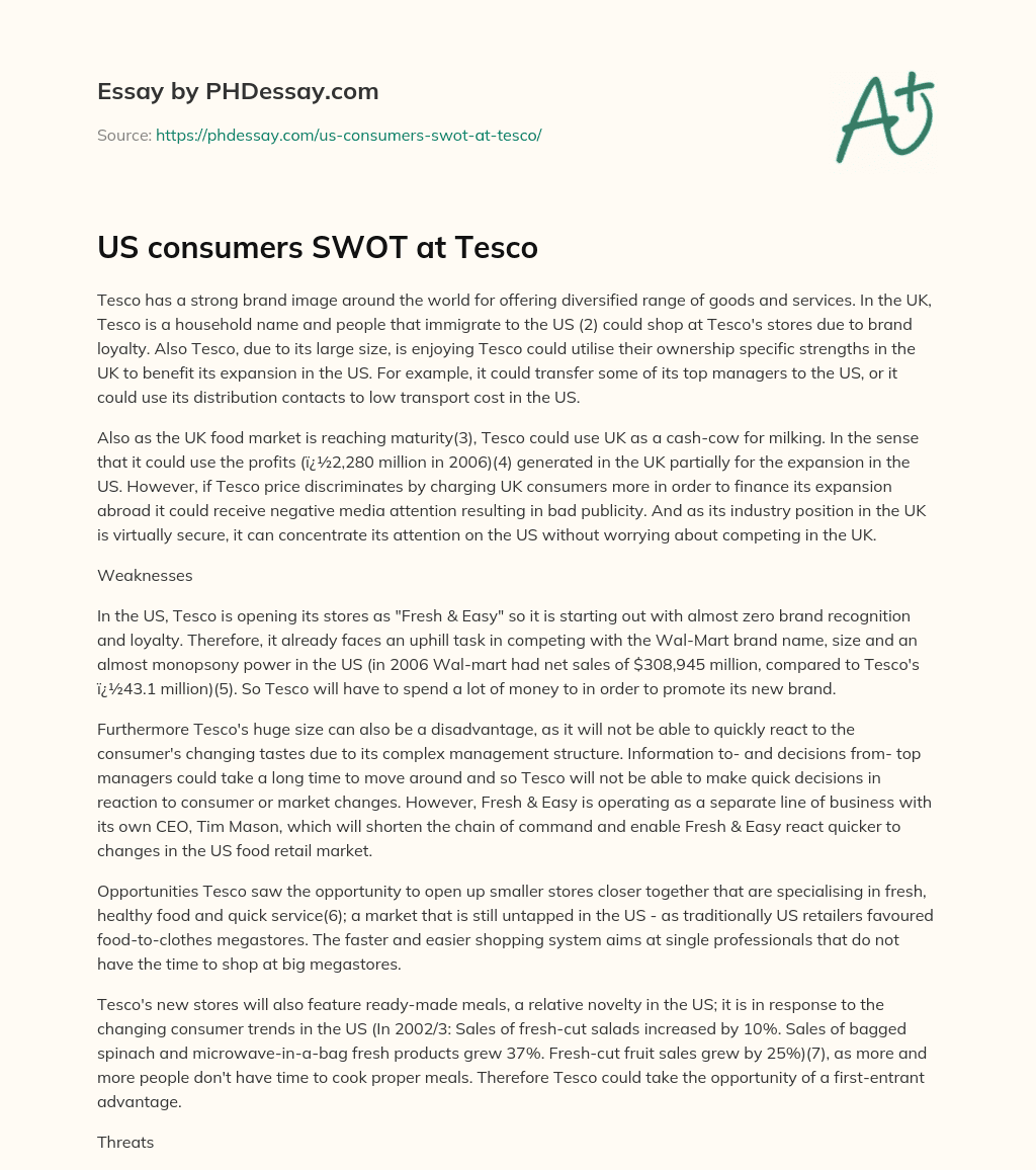 US consumers SWOT at Tesco - PHDessay.com