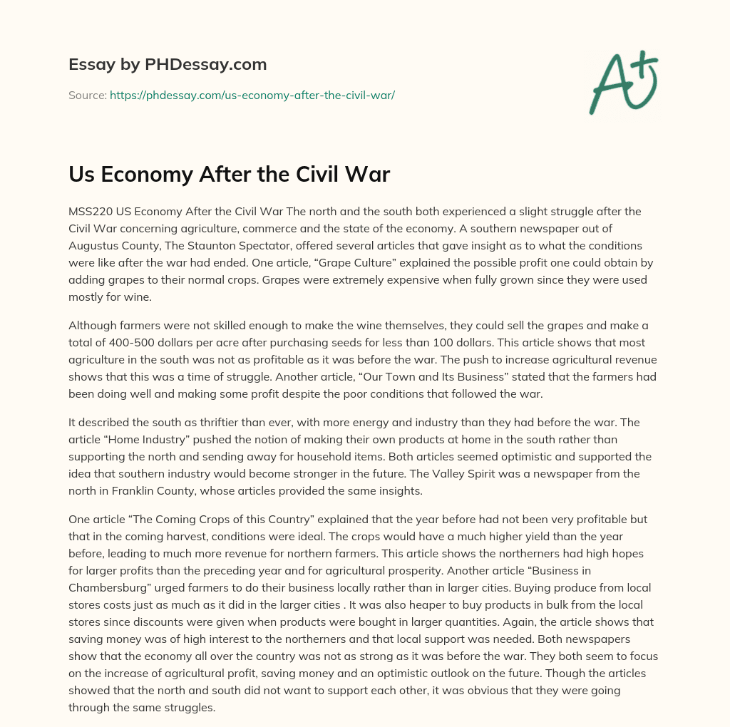 Us Economy After the Civil War (500 Words) - PHDessay.com