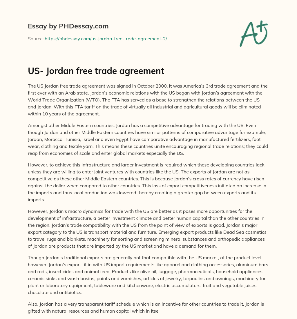 US- Jordan free trade agreement - PHDessay.com