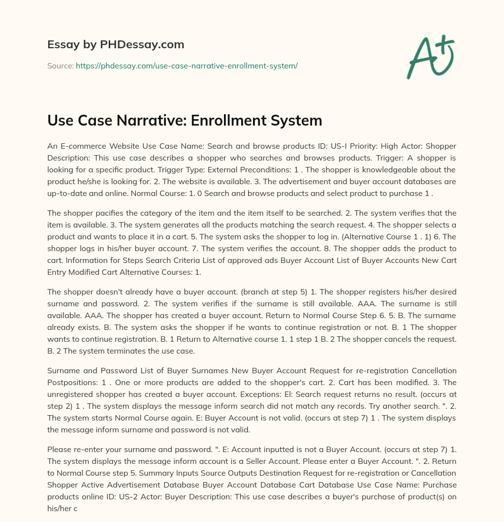 Use Case Narrative: Enrollment System - PHDessay.com
