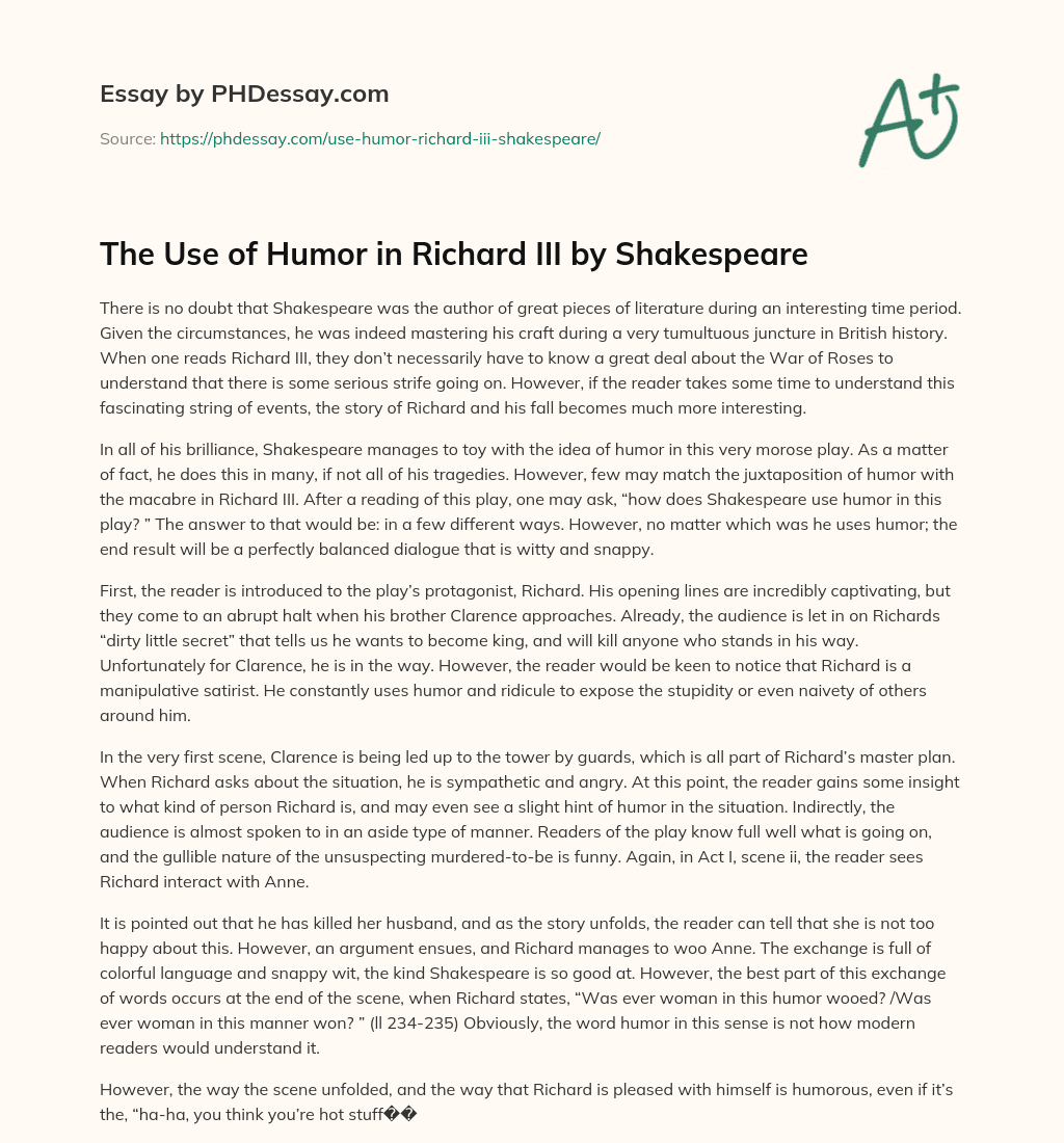 The Use of Humor in Richard III by Shakespeare - PHDessay.com