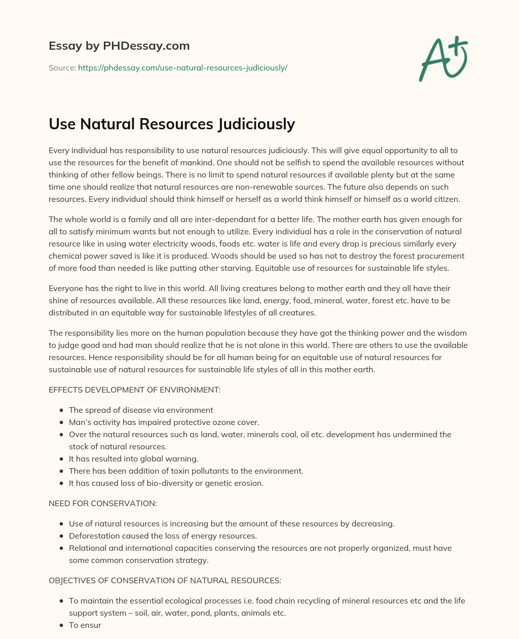 Use Natural Resources Judiciously Essay Example - PHDessay.com