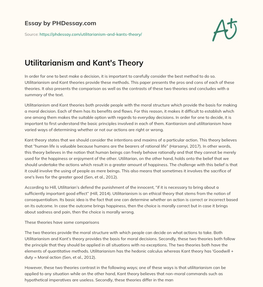 Utilitarianism and Kant′s Theory - PHDessay.com