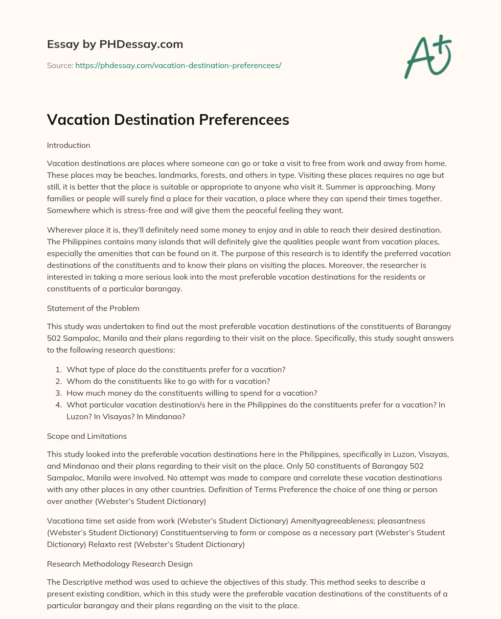 Vacation Destination Preferencees - PHDessay.com