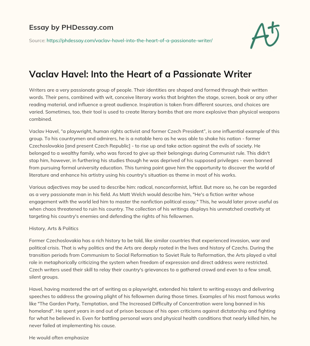 Vaclav Havel: Into the Heart of a Passionate Writer - PHDessay.com