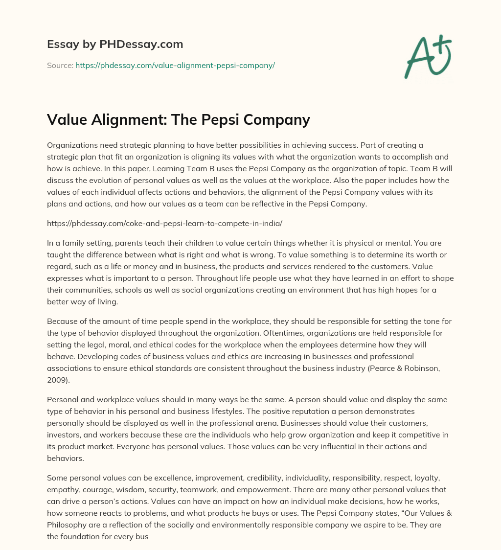 Value Alignment: The Pepsi Company - PHDessay.com