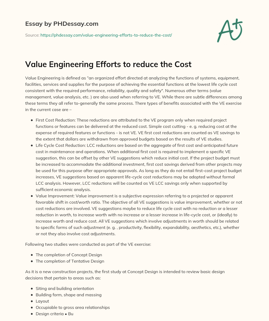 Value Engineering Efforts to reduce the Cost - PHDessay.com