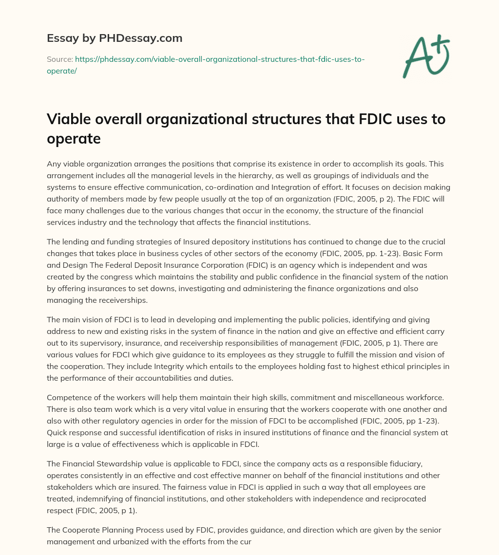Viable overall organizational structures that FDIC uses to operate ...