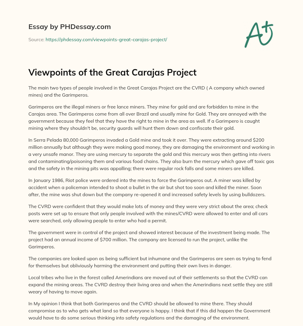 Viewpoints of the Great Carajas Project (500 Words) - PHDessay.com