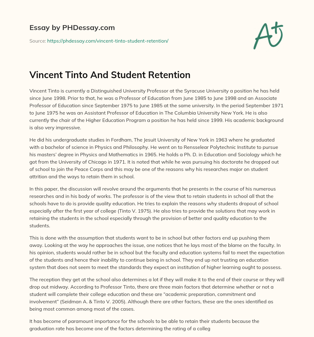 Vincent Tinto And Student Retention - PHDessay.com