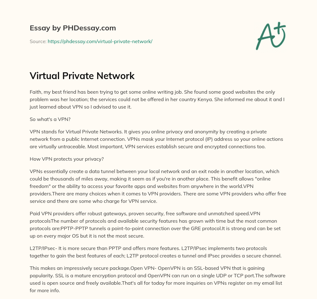 Virtual Private Network (300 Words) - PHDessay.com