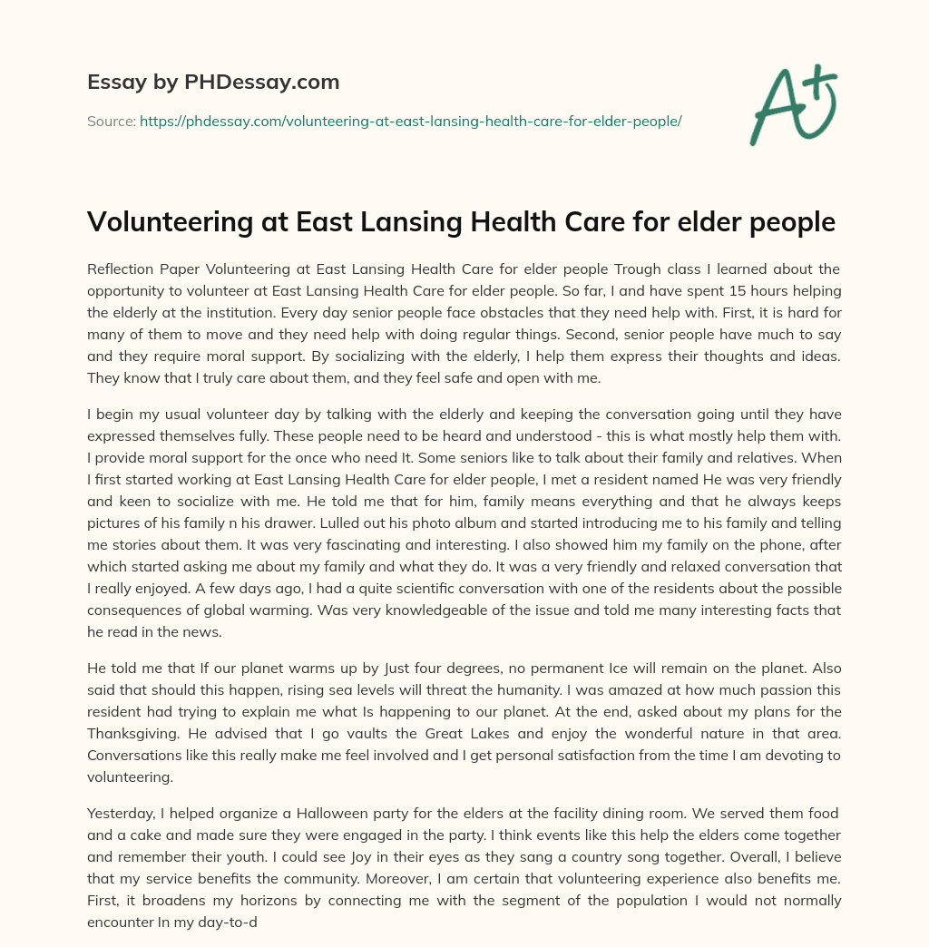 Volunteering at East Lansing Health Care for elder people - PHDessay.com