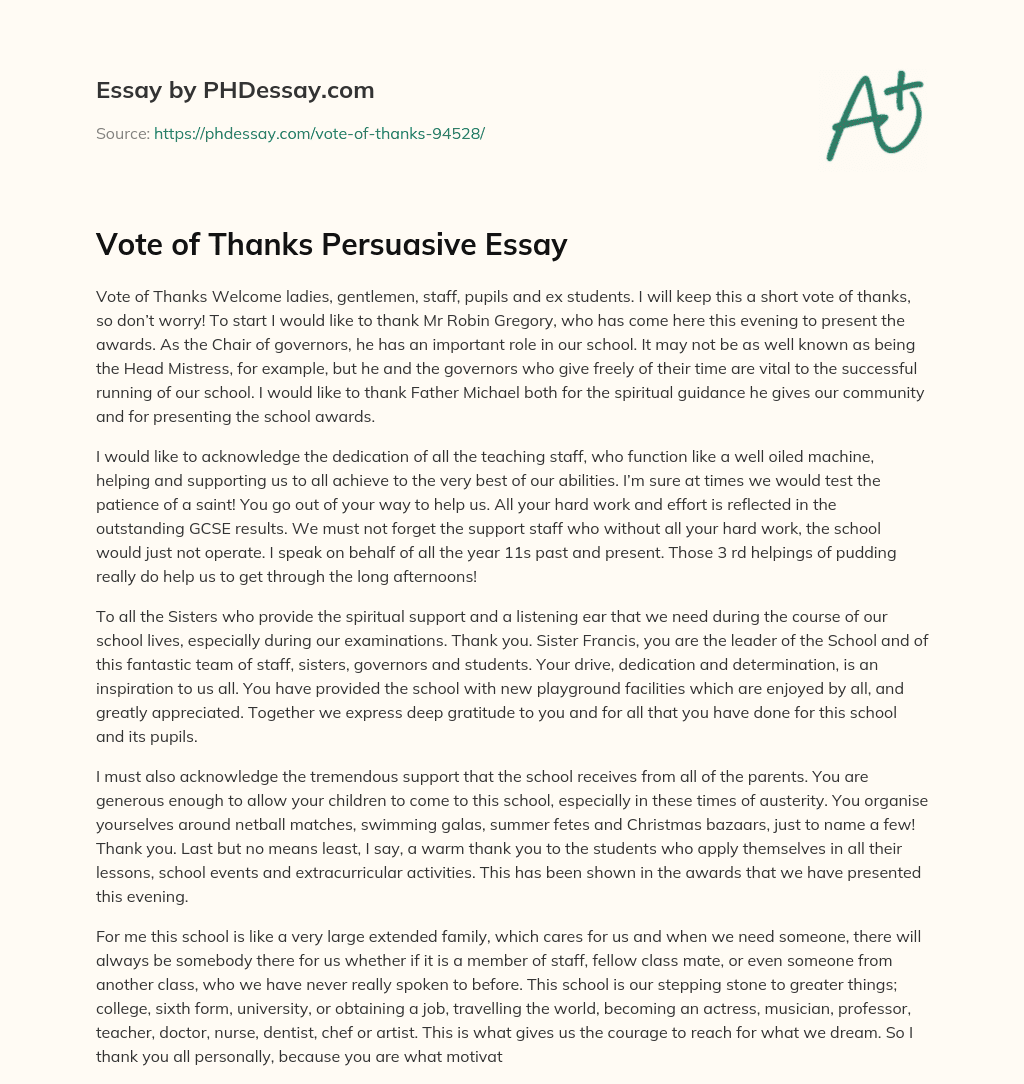 Vote of Thanks Persuasive Essay (500 Words) - PHDessay.com