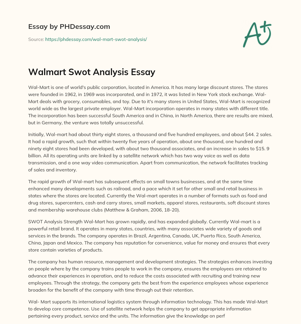 Walmart Swot Analysis Essay (500 Words) - PHDessay.com